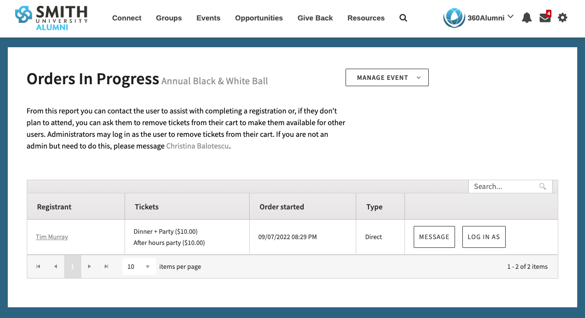 Managing Event Orders in Progress | 360Alumni Resources